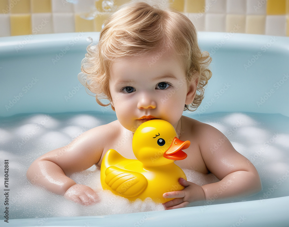 Portrait of happy laughing baby bathing in bathtub with yellow toy duck ...