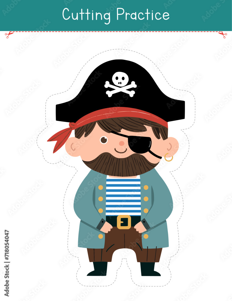 Cutting practice for kids. Cute pirate boy to cut worksheet. Scissor ...