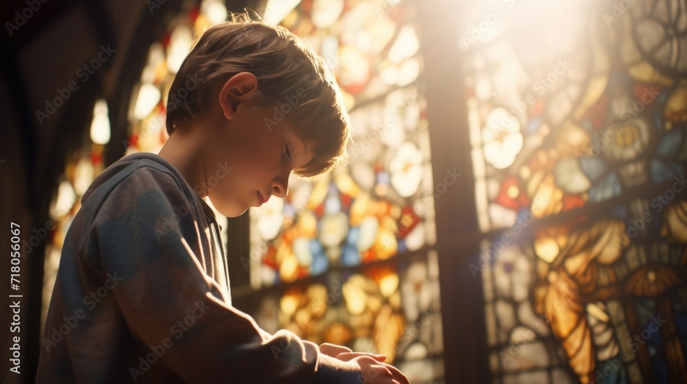 baby's first communion in church. a child prays near a stained glass ...