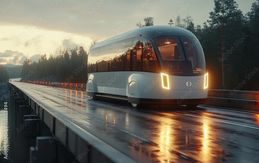 Autonomous electric shuttle bus self driving across city green road ...