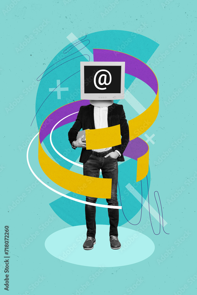 Composite collage image of computer monitor instead head man virtual ...