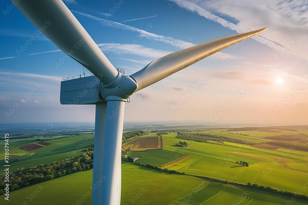 Show a giant wind turbine - its massive blades rotating against the ...