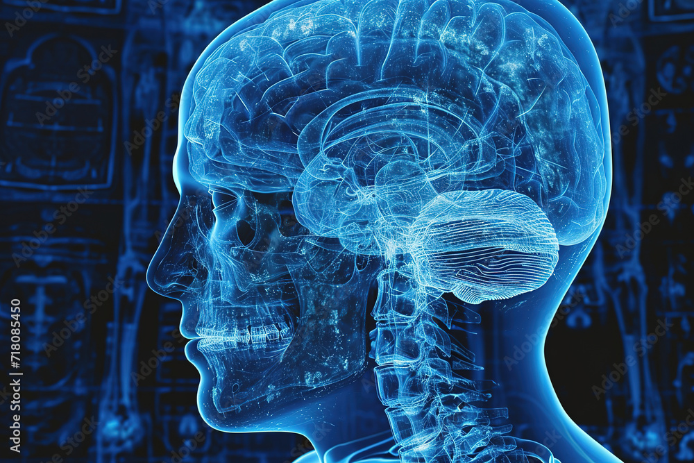 a x-ray scan of a human brain organ. anatomy of a male person. blue ...