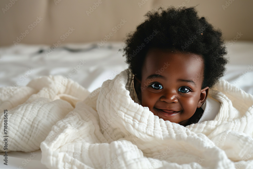 a very cute little black african baby kid with afro hair wrapped in ...