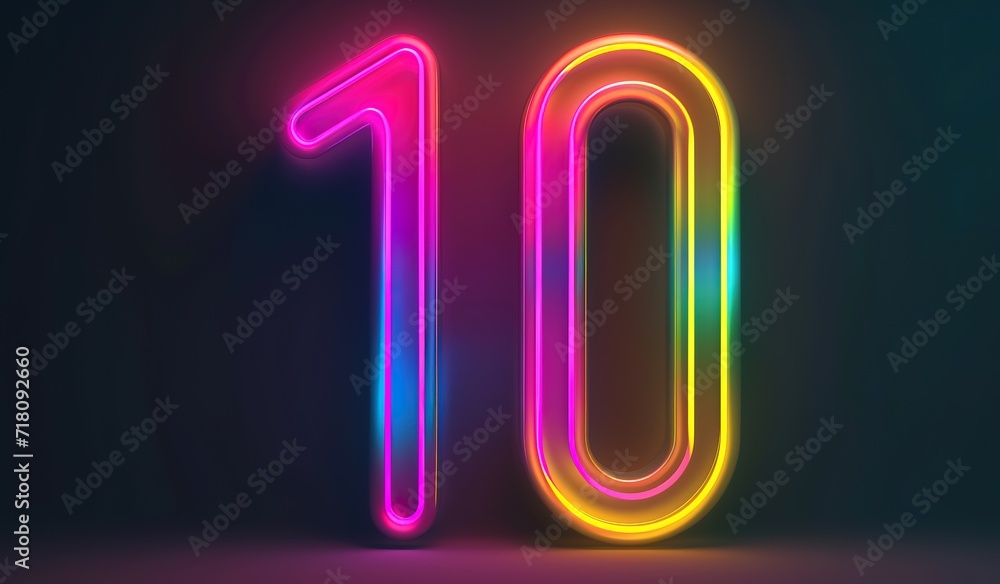 Bright neon lights forming the number 10, illuminating the dark ...