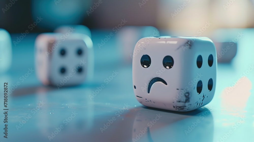 A close-up of white dice with sad emoji faces on a reflective surface ...