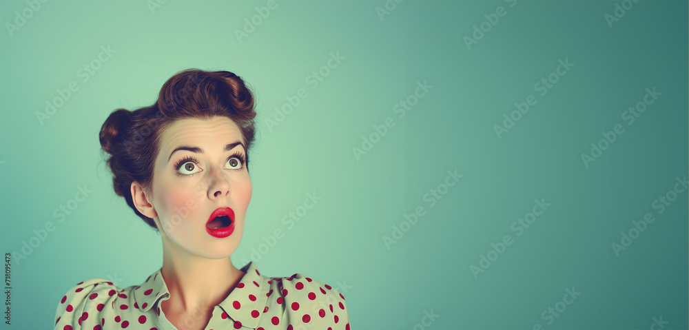 Woman with red lips surprise.Beautiful girl with curly hair surprised ...