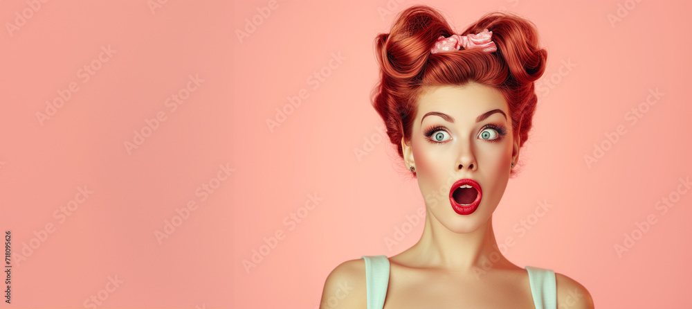 Woman with red lips surprise.Beautiful girl with curly hair surprised ...