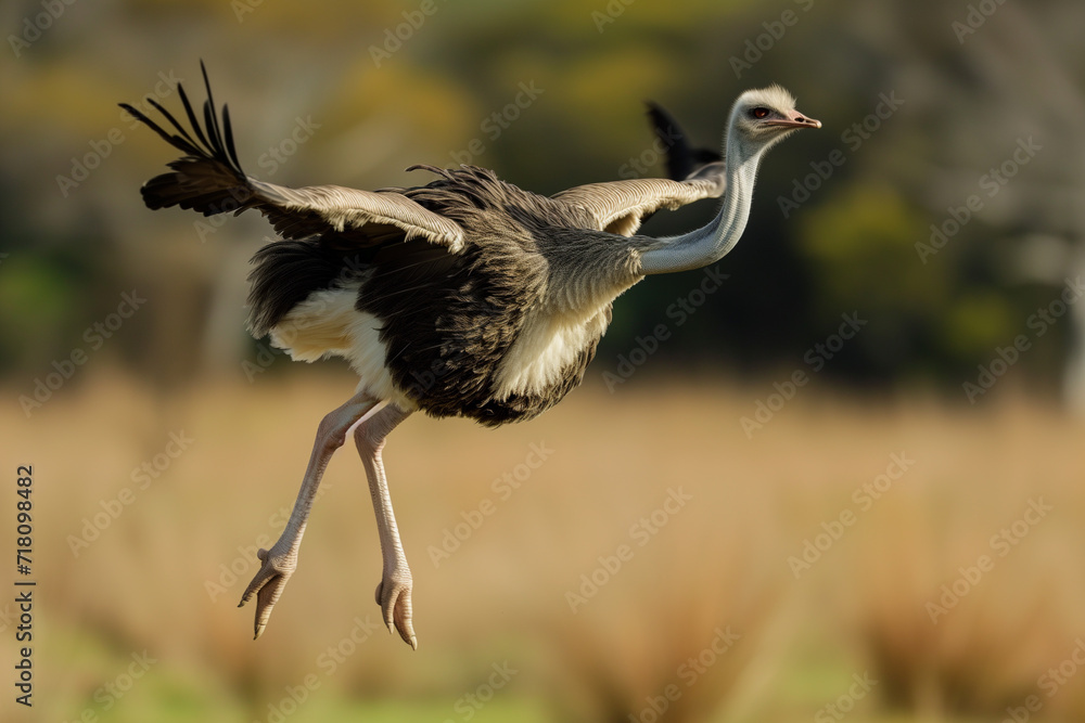 Frightened thick ostrich running with high speed along the road ...