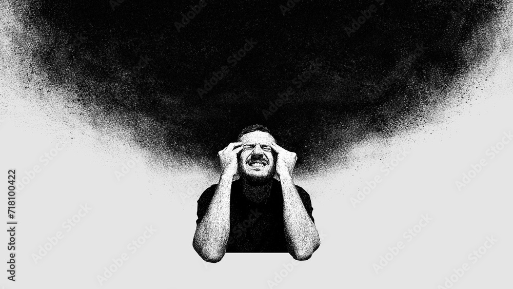 Man suffering from obsessive thoughts, creating darkness around him ...