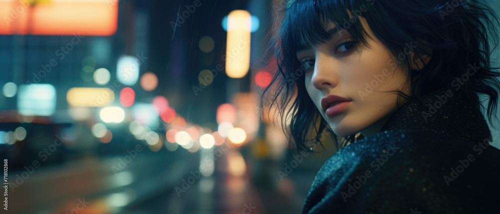 Beautiful japanese girl walking in the streets of Tokyo. Futuristic cyberpunk cinematic ...