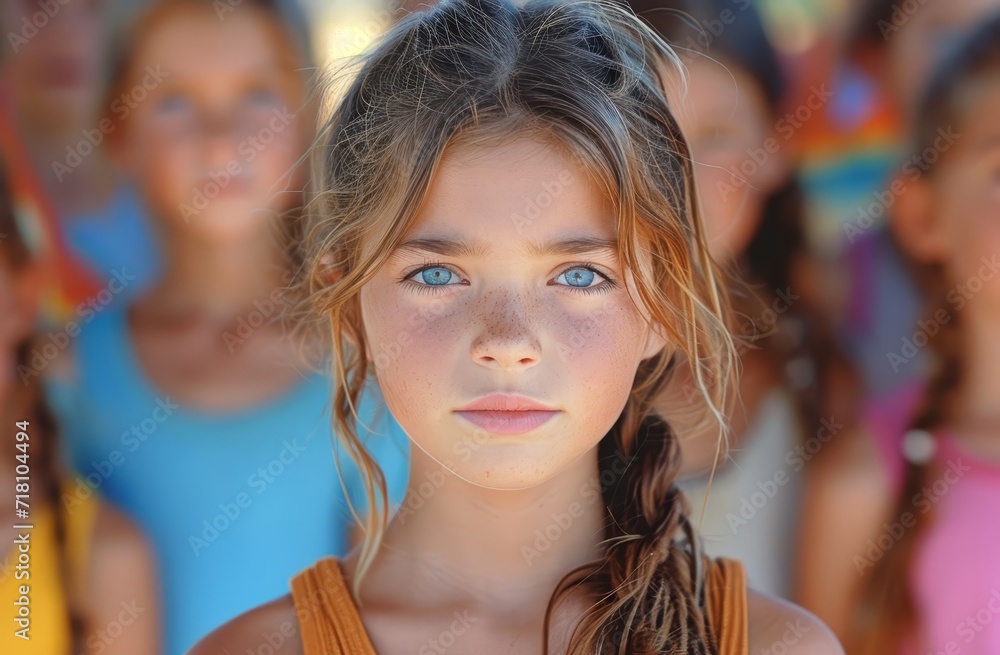 A playful child with blue eyes and freckles stands outdoors, her brown ...
