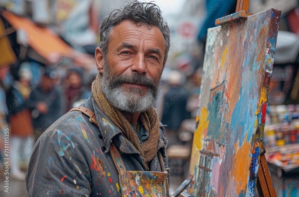 A rugged man with a bushy beard passionately paints a human face on a ...