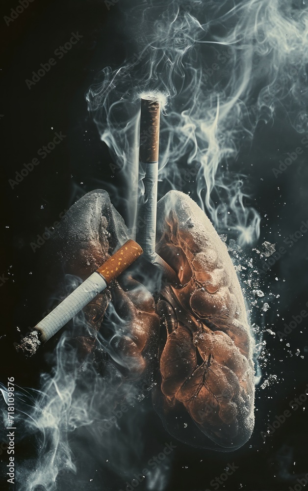 Envision an image where a real cigarette interacts with a human body ...