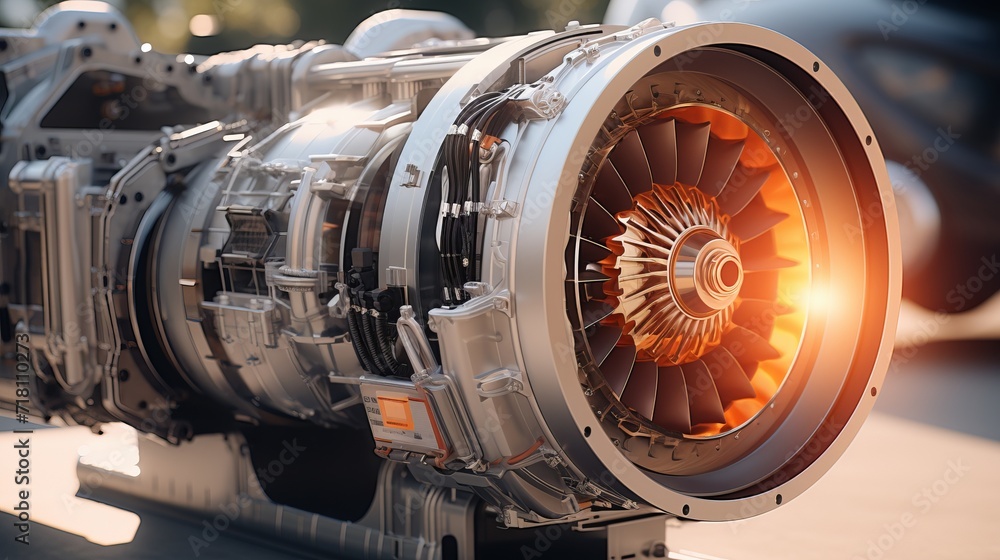 Futuristic industrial gas turbine engine close up in heavy industry ...