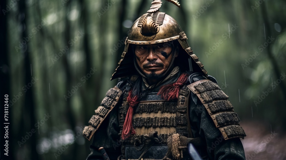 The man is dressed in full traditional Japanese samurai armor ...
