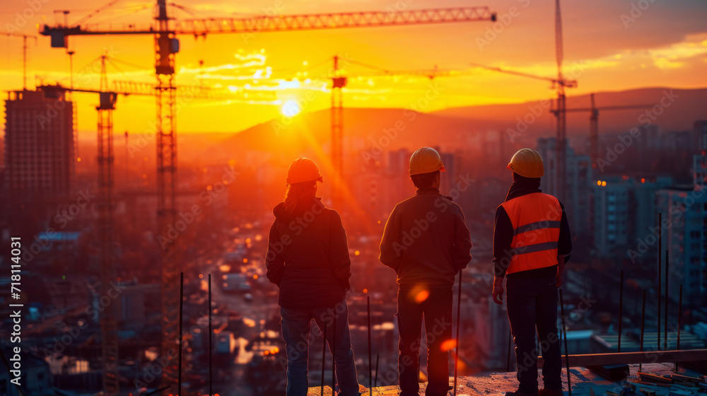 Construction worker, silhouette and team for building development ...