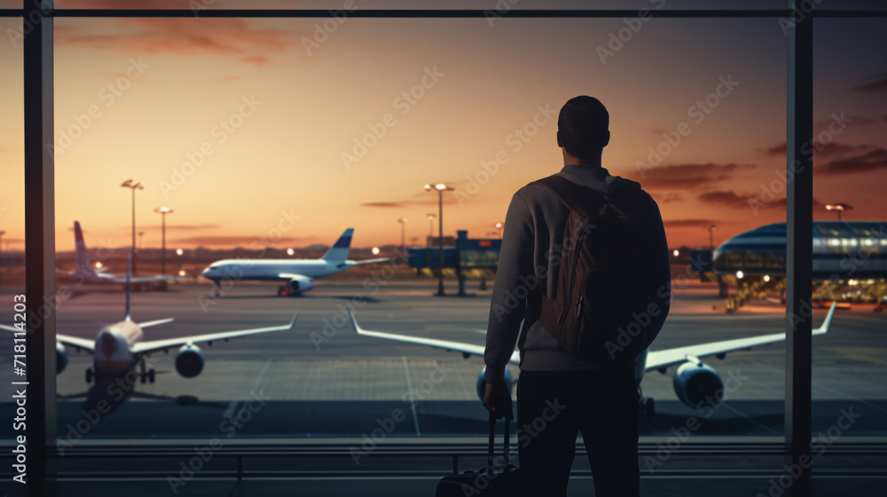 Standing in a rear view, the observer gazes at airplanes on the airport ...