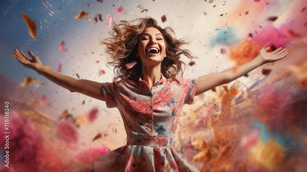 Happy woman, vibrant confetti and colorful joy. Joyful, lively and ...