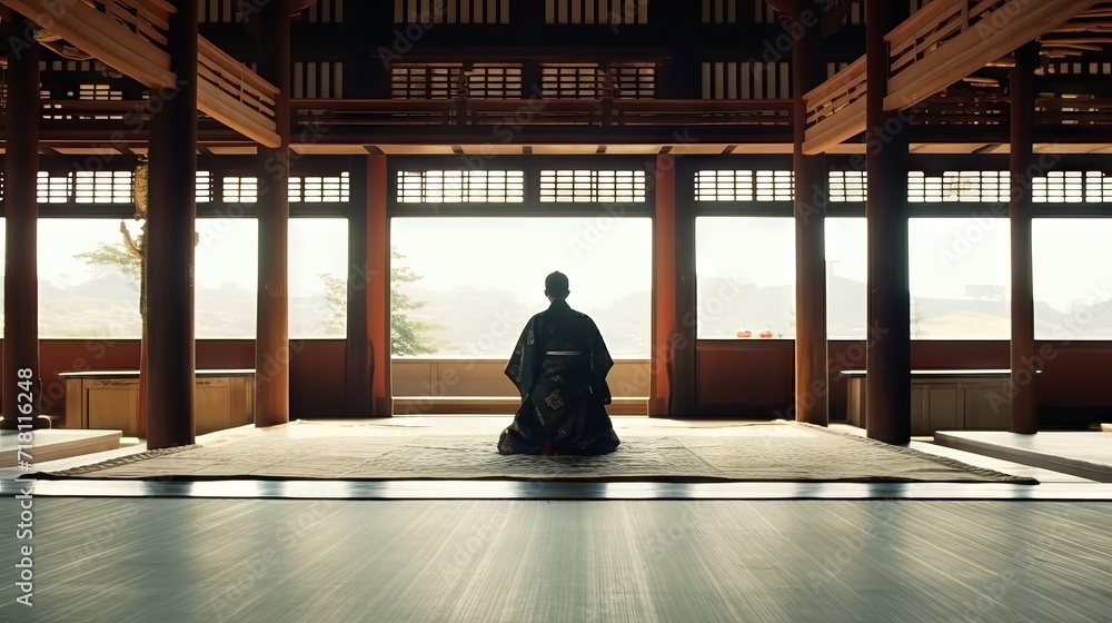 samurai man in a traditional Japanese kimono kneeling in a meditative ...