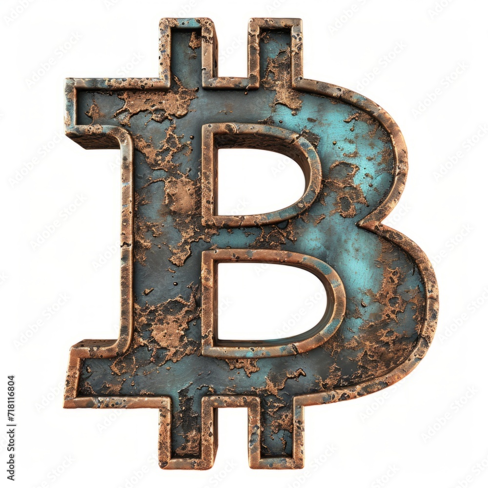 Copper Patina Bitcoin Sign isolated on White Background. Photorealistic ...