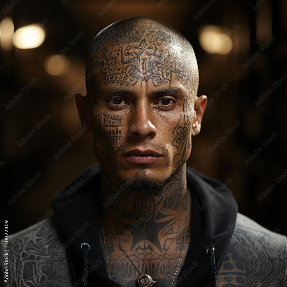 A realistic-looking man depicted with tattoos covering his entire bald ...
