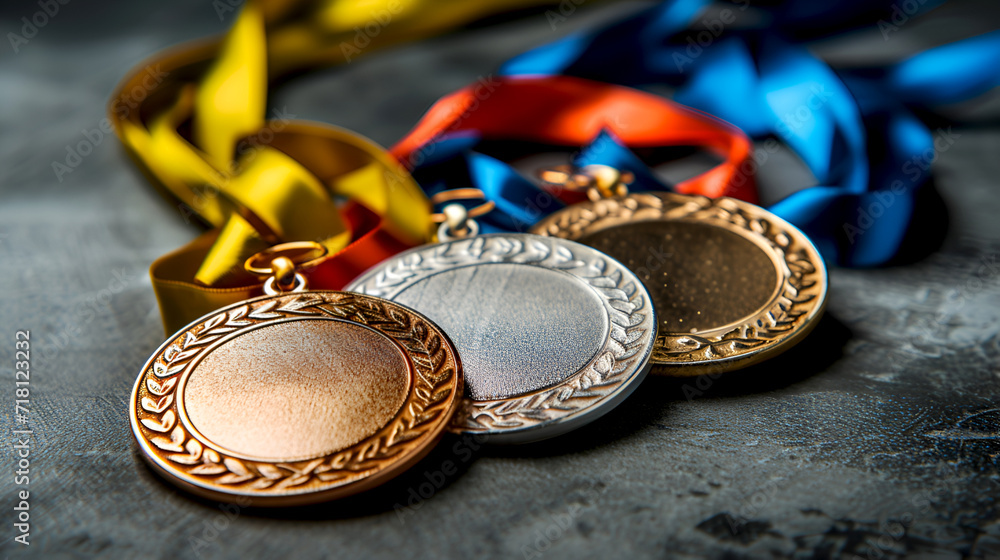 Olympic medals on a textured dark background. Gold, silver, and bronze ...