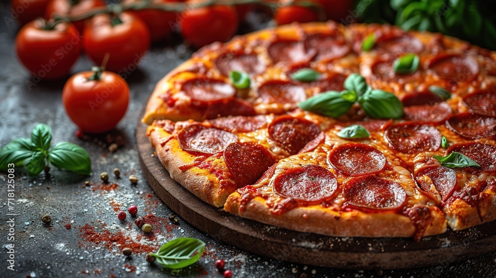 Delicious pepperoni pizza on a dark background, sausage pizza, italian ...