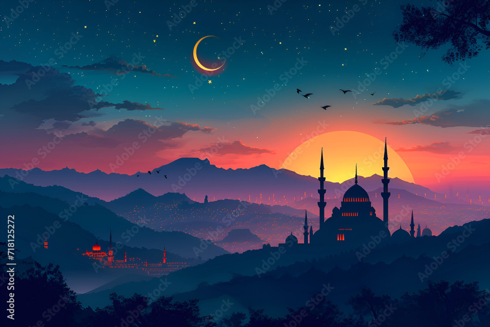 Dark mosque silhouette on colorful red and violet sunset sky and clouds ...