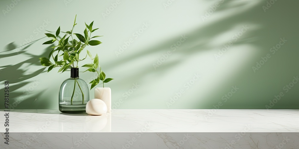 White marble counter table top with green tree branches and leaf ...