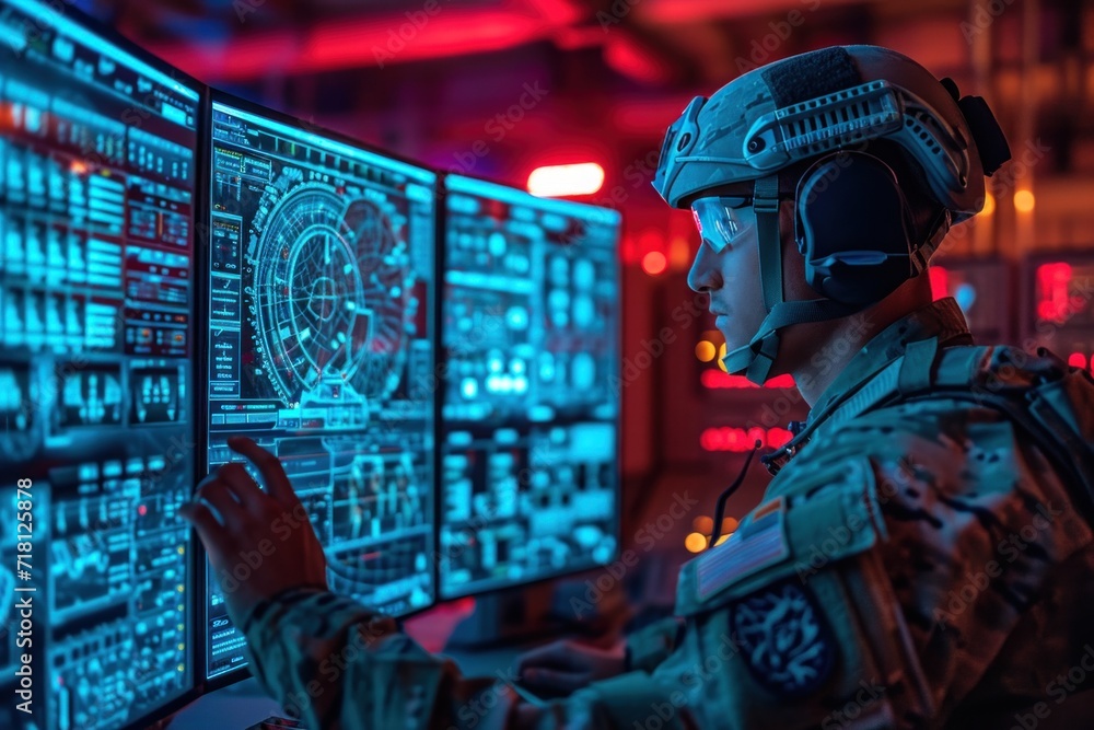 Portrait of a male pilot in the control room of a military aircraft ...