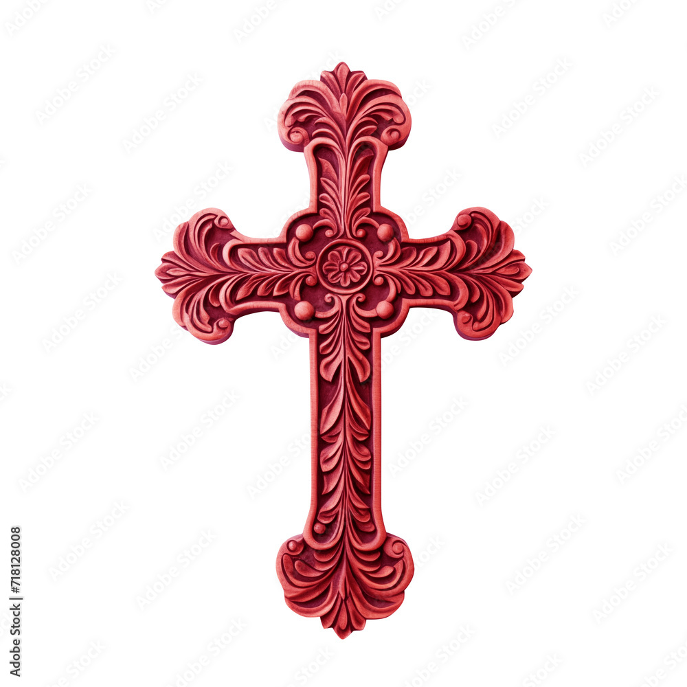 Red wooden cross isolated on a transparent background. Wood carving ...