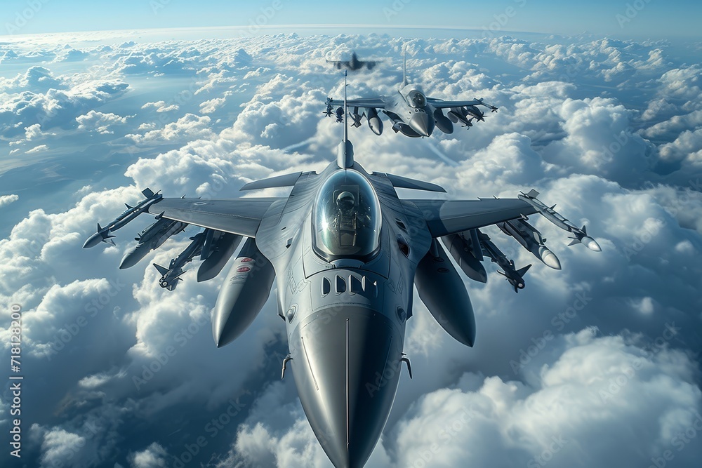 A fleet of sleek military fighter jets soars through the vast blue sky ...