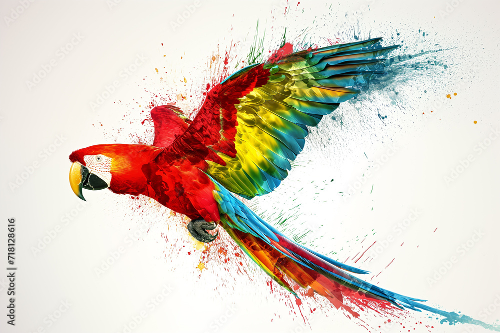 Scarlet macaw parrot flying isolated on white background. Extreme close ...