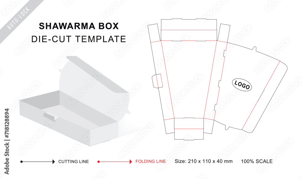 Shawarma box die cut template with 3D blank vector mockup for food ...