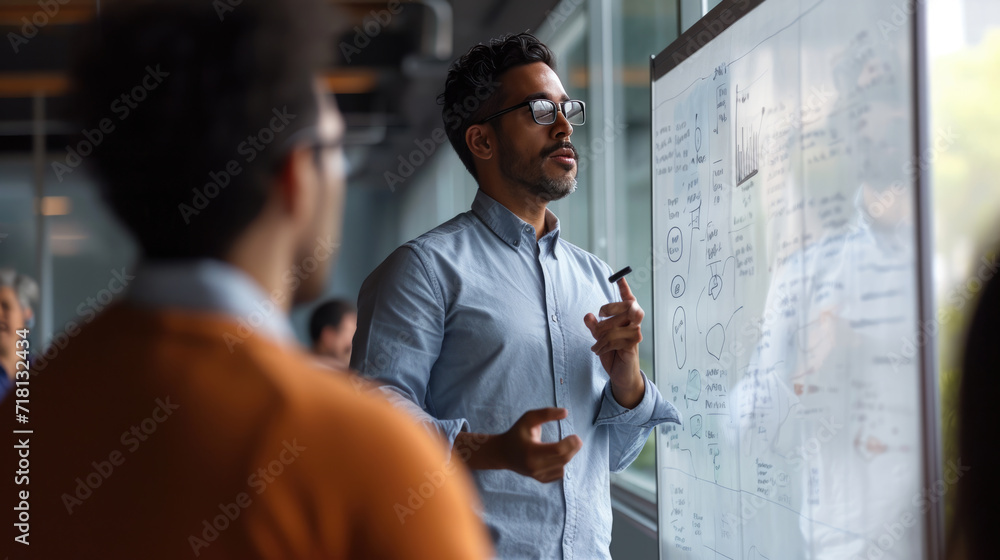 Man presenting or explaining something in front of a whiteboard with ...