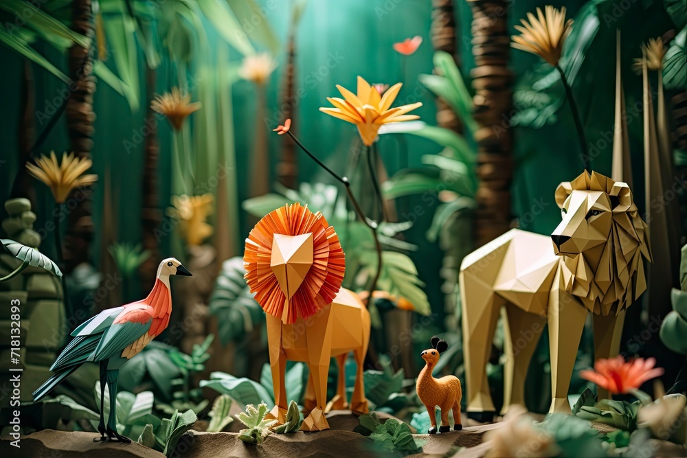 Vibrant Origami paper art installation featuring crafted animals in a ...