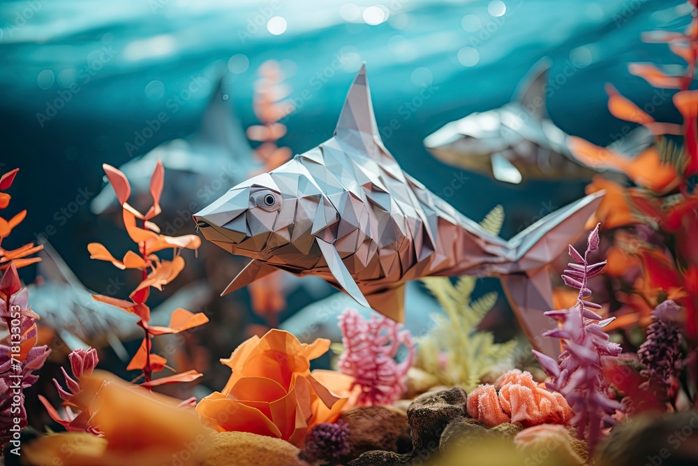 Origami Sharks Swimming in Paper Ocean An artistic representation of ...