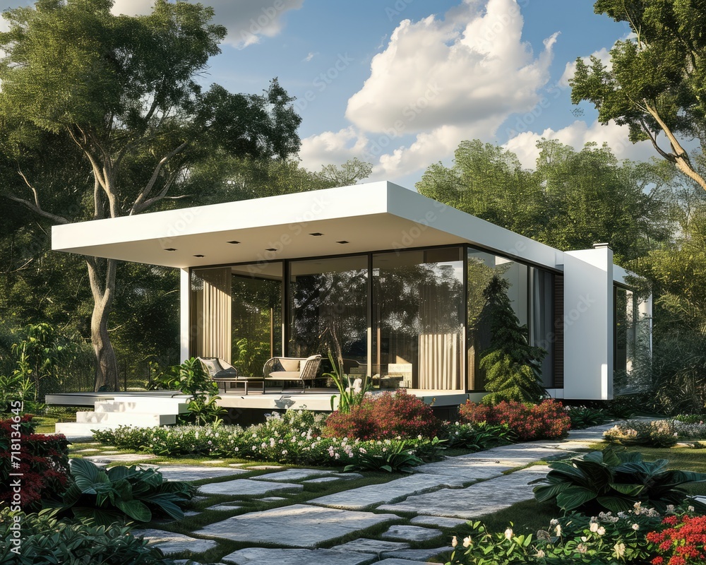 Minimalist Cubic Home with Cantilevered Roof and Landscaped Front Yard ...