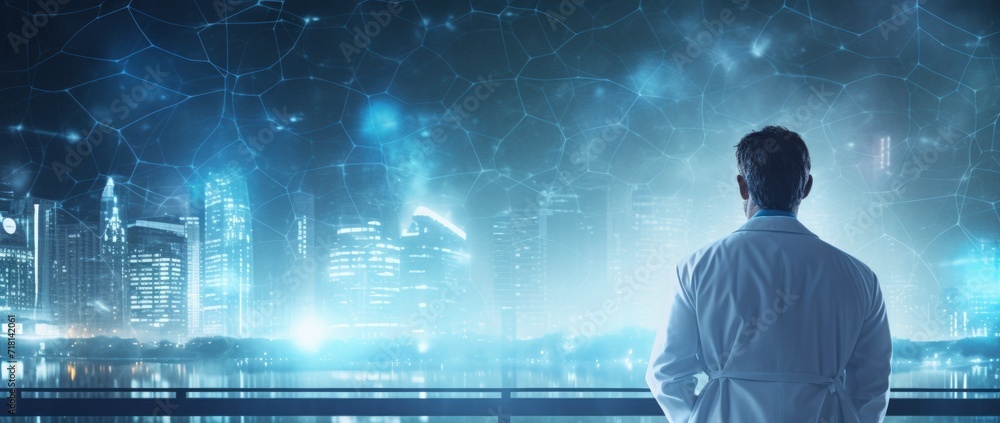 Health doctor standing facing back against dark blue background of city ...
