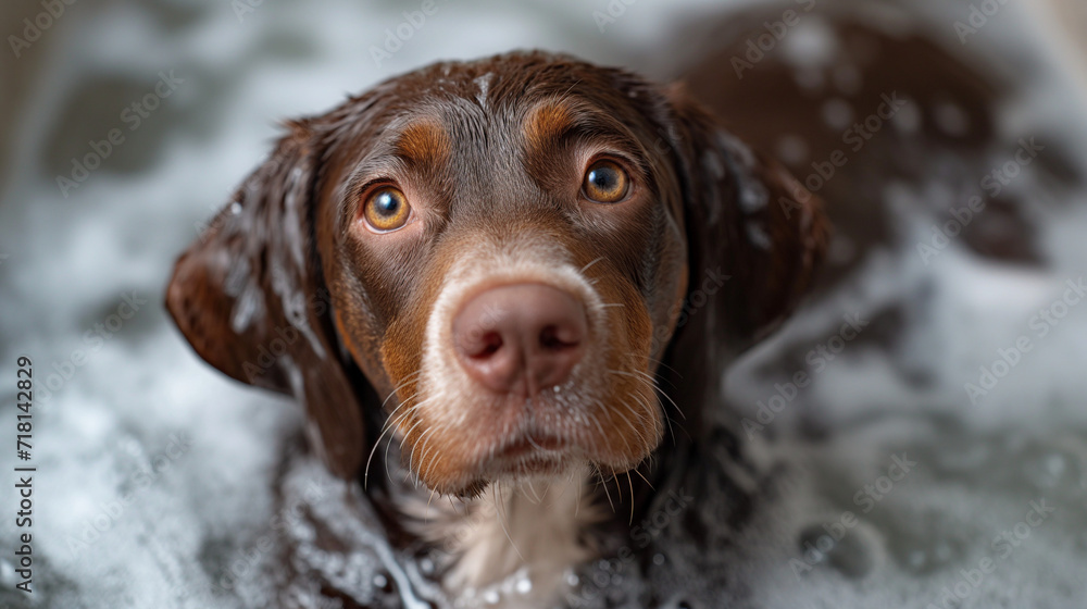 Adorable dog standing in bath and taking a shower with soap and foam. A ...