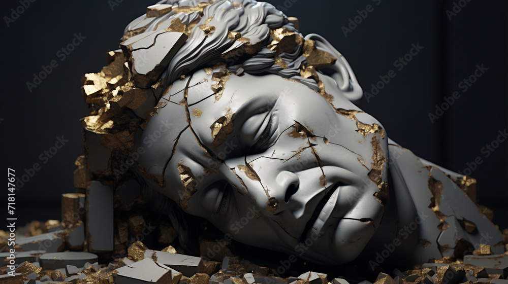 broken, ancient, greek, statue, head, falling, pieces, marble ...