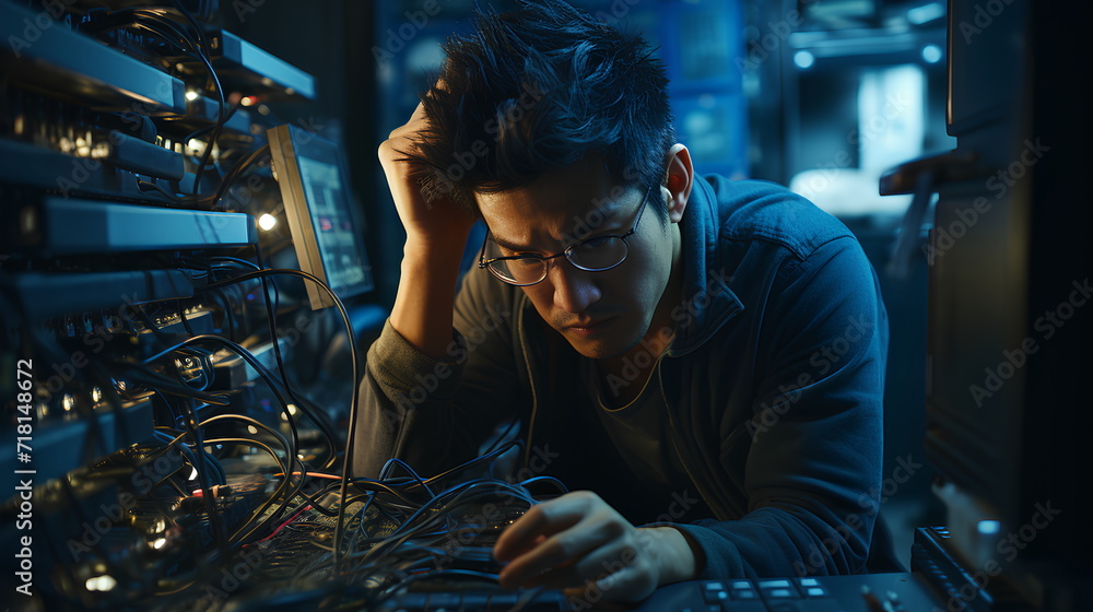 A young man computer technician looks stressed after having trouble ...