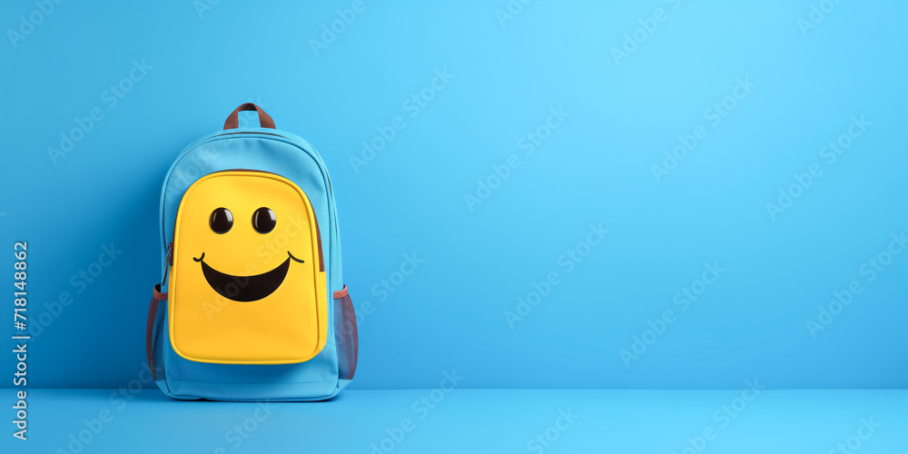 Cheerful yellow smiley face backpack on a blue background Stock Photo ...