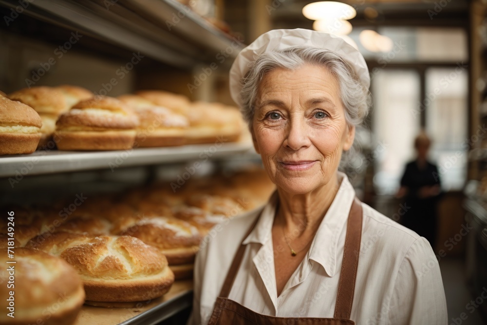 Portrait of senior woman baker in an apron nad beret in a bakery on ...