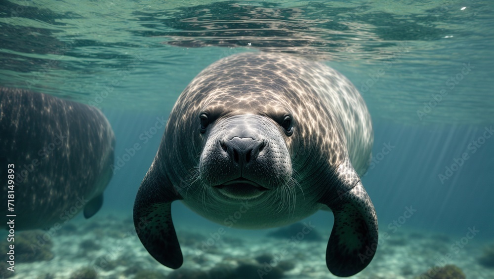 Manatee peacefully swimming in shallow waters Stock Photo | Adobe Stock
