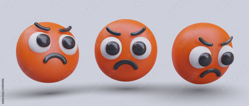 Set of angry emoticons with frowning eyebrows. 3D head is red with ...