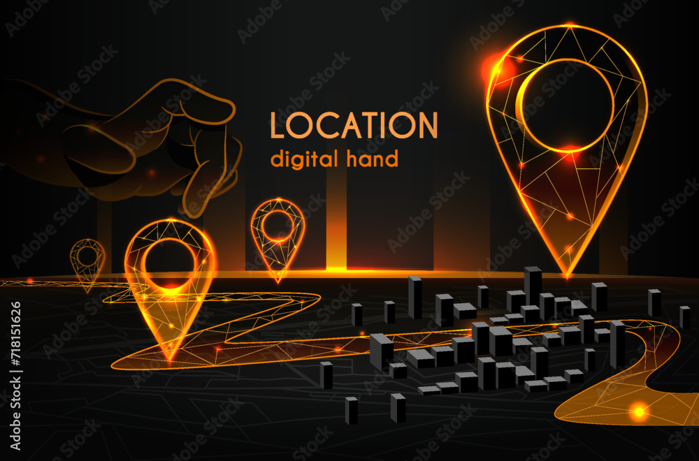 Vetor de Digital hand set location pin on map. Futuristic banner with ...