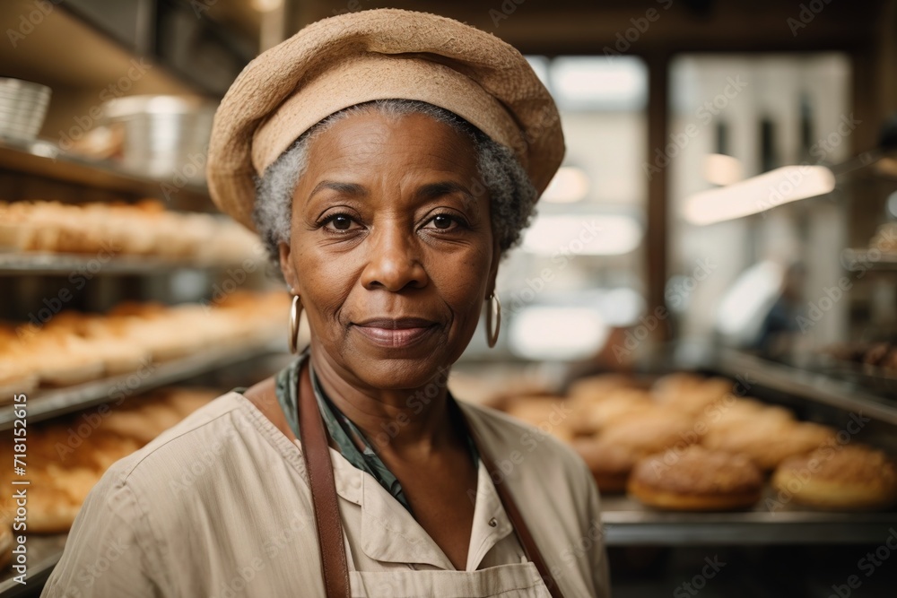 Portrait of senior african woman baker in an apron nad beret in a ...