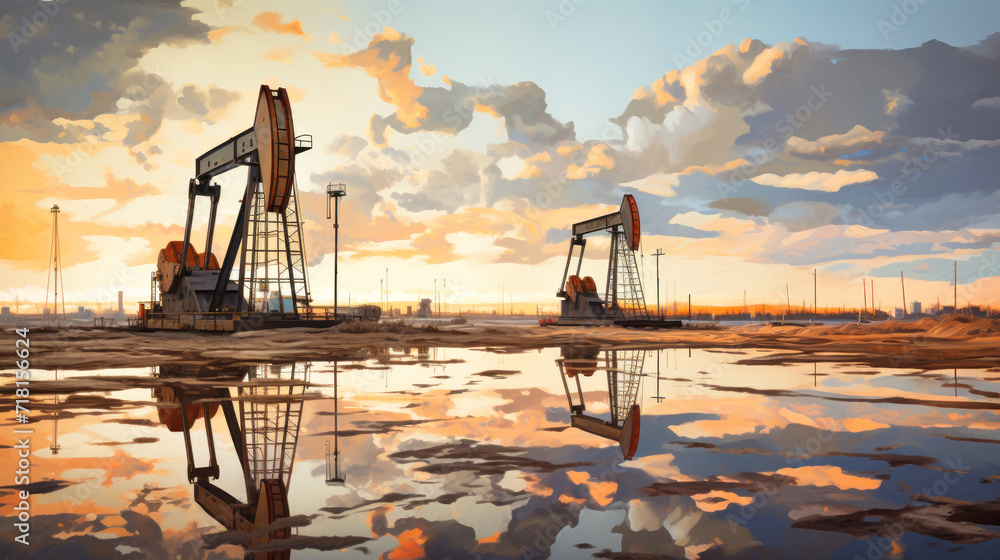 Drilling rigs in a desert oil field to extract fossil fuels and extract ...